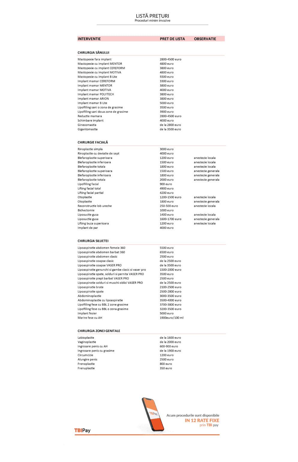 Lista tarife proceduri chirurgicale - Swiss Clinics București